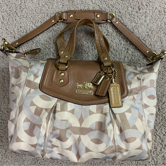 Coach | Bags | Coach Beige Brown Leather Sateen Signature Audrey ...